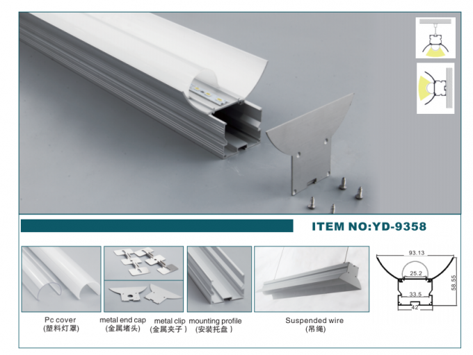 High Class Suspended LED Aluminum Profiles Casing Profile Surface Mounted